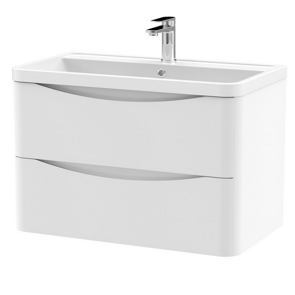 Nuie Lunar 800mm Satin White Two Drawer Wall Hung Vanity Unit | Low Price